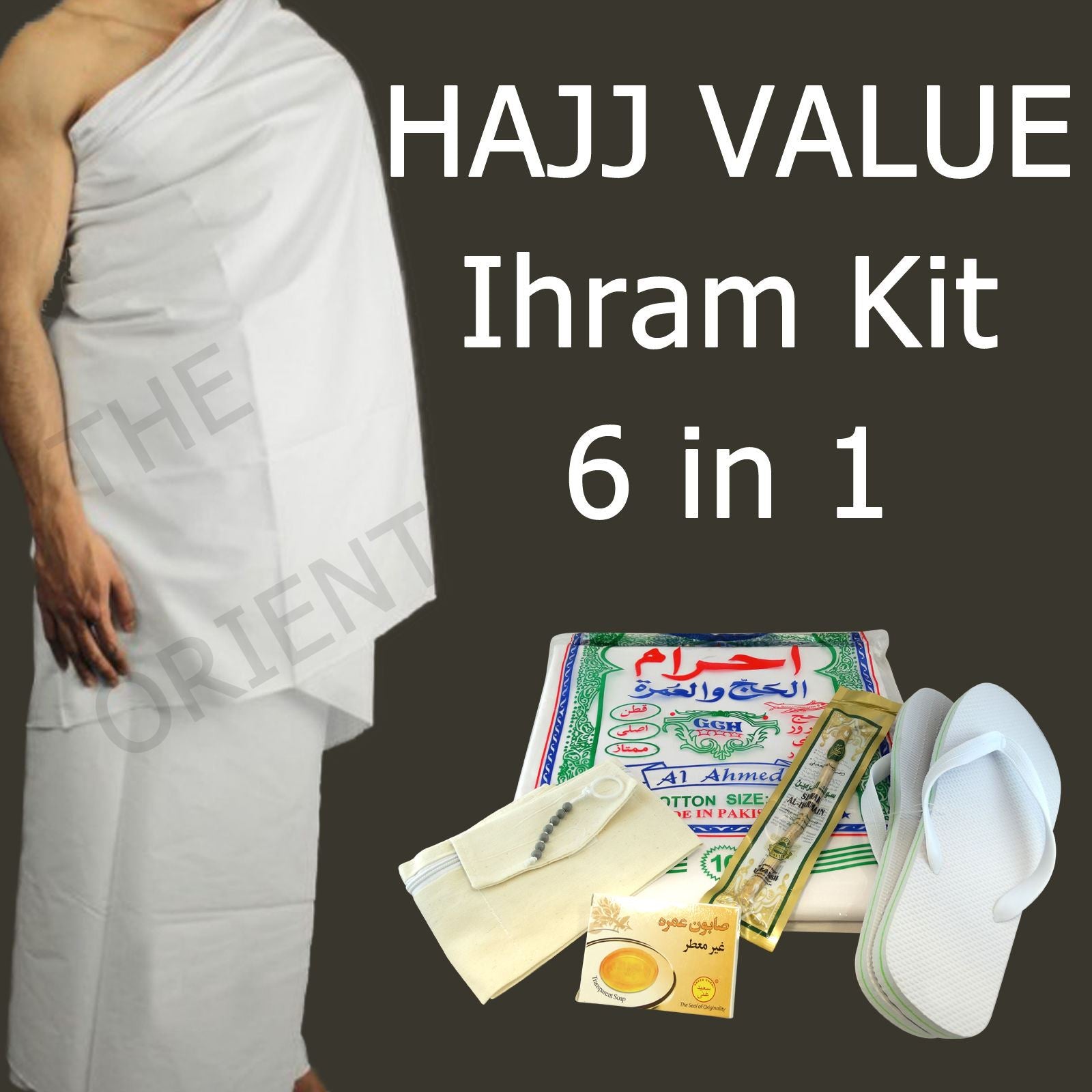 6pc Hajj Umrah Pack Kit Ihram Clothing Miswak Tasbih Slippers Belt Soa